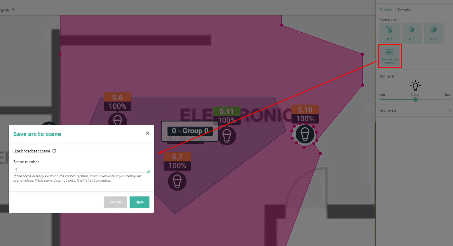 How to save group arc levels to a scene in plan view? – zencontrol